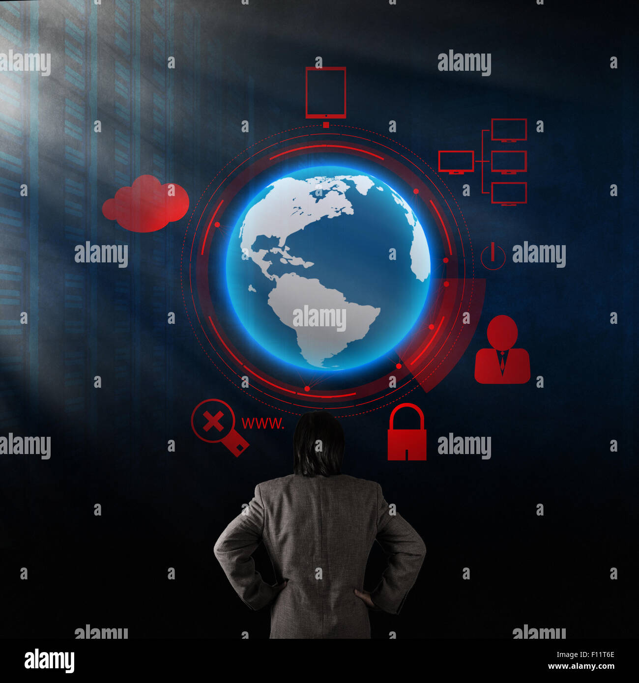 Double exposure of businessman looking at modern technology as concept ...