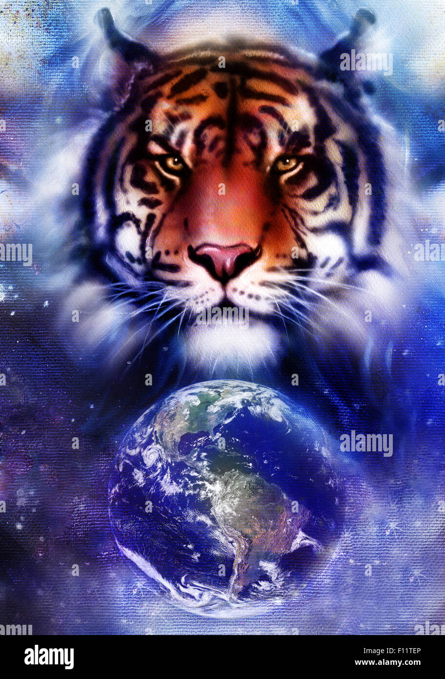 painting tiger on color cosmic space background, wildlife animals. With ...