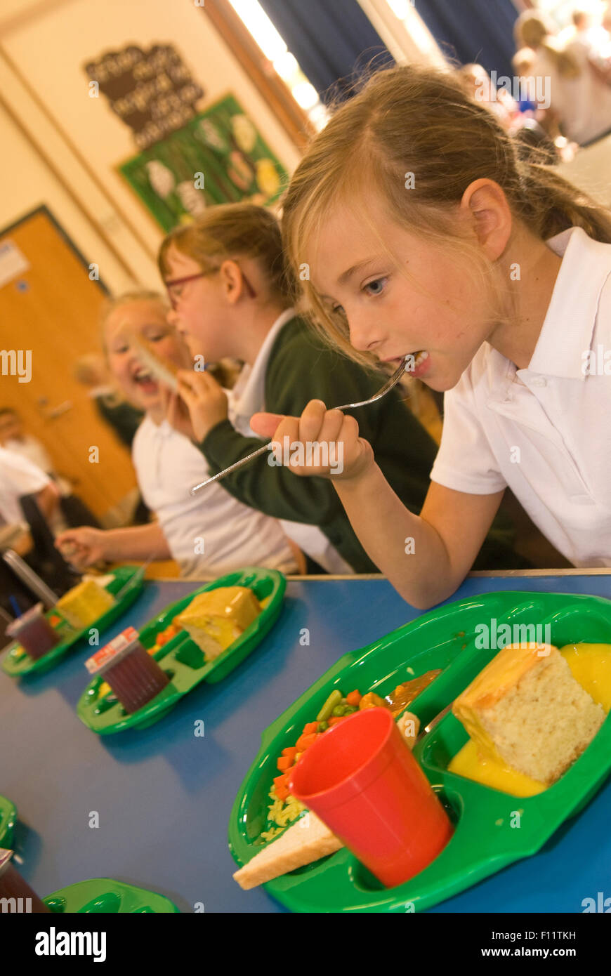 Primary school pupil's in dining hall eating their school lunch ...