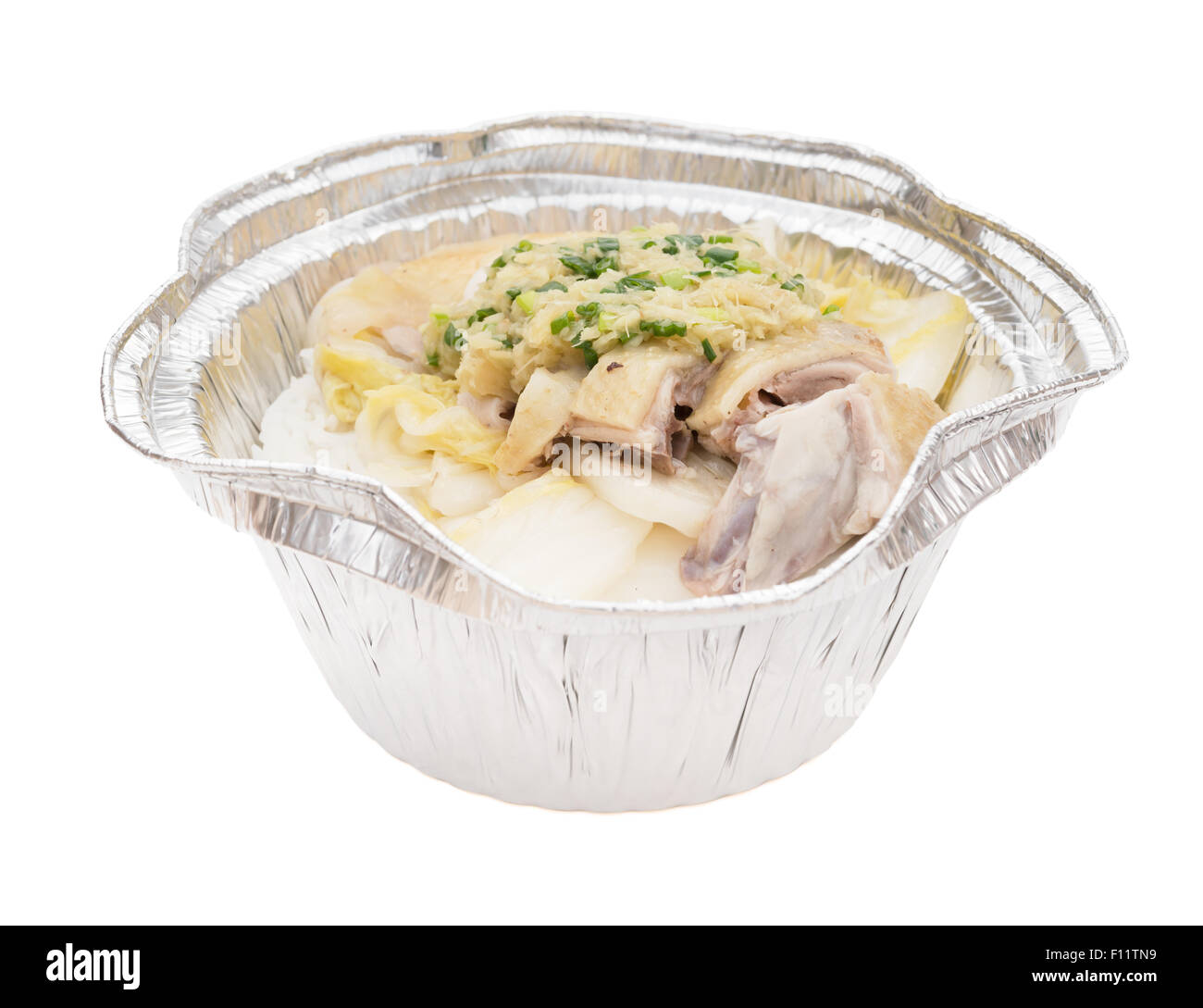 round shape lunch box of boiled chicken slices on white with clipping ...