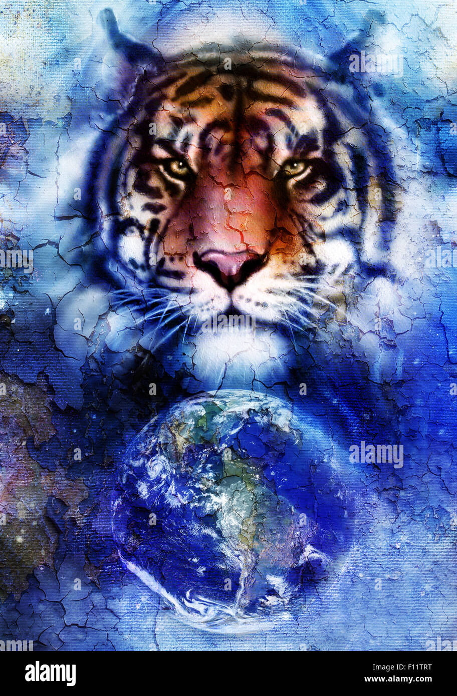 painting tiger on color cosmic space background, wildlife animals. With ...