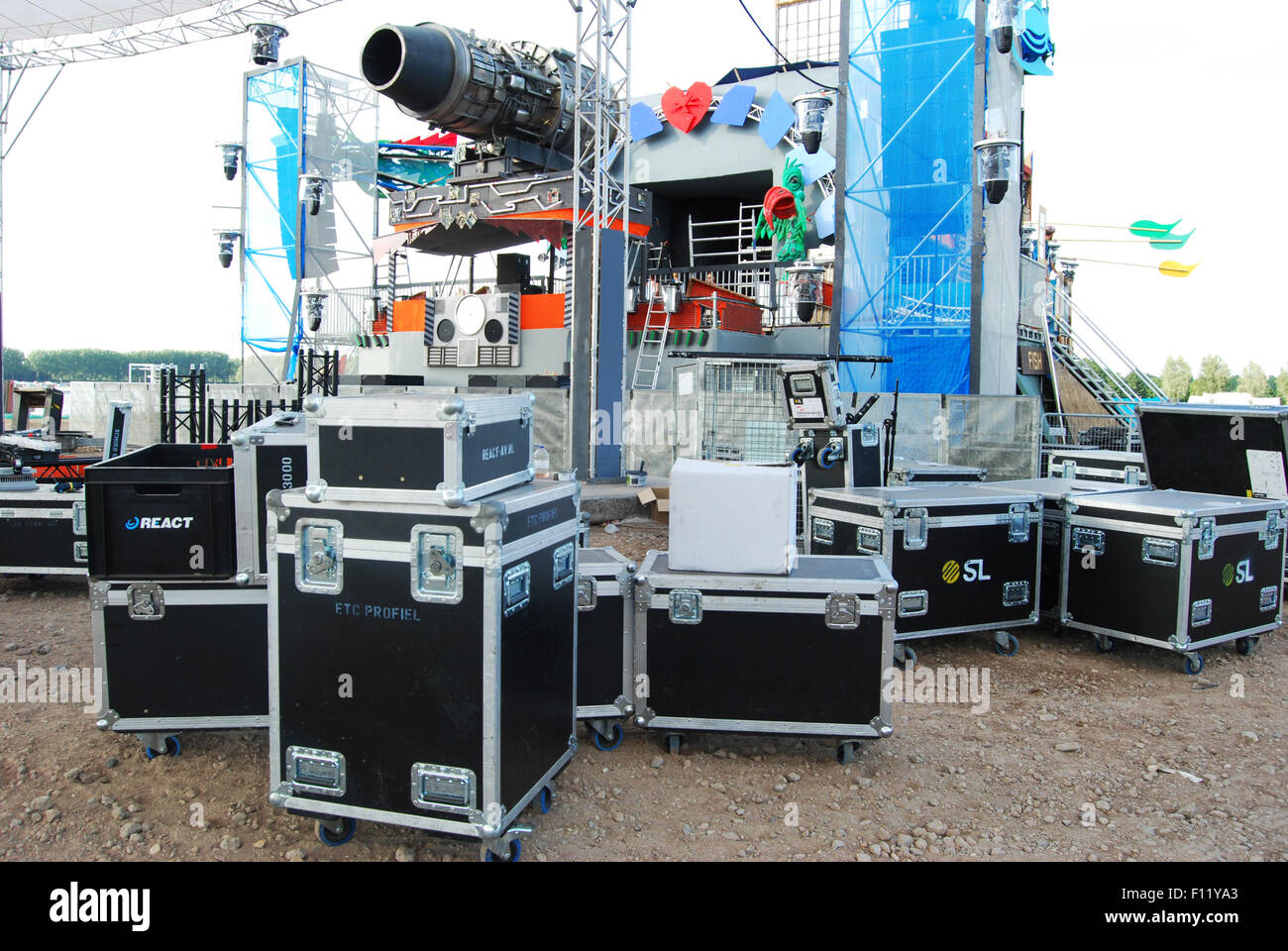 unloading stage equipment at Solar festival 2015, Roermond Netherlands ...