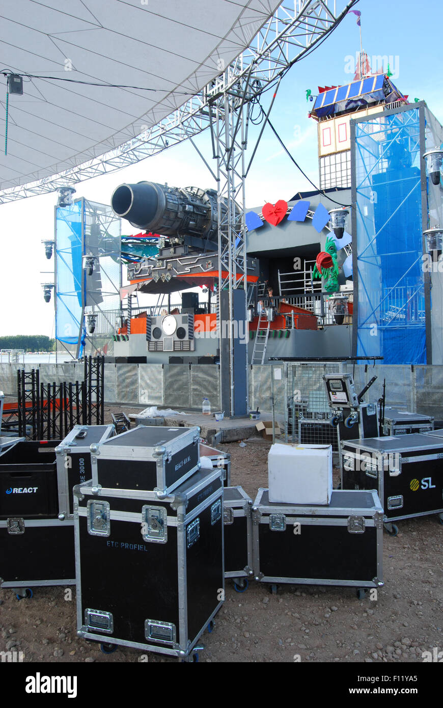 unloading stage equipment at Solar festival 2015, Roermond Netherlands ...