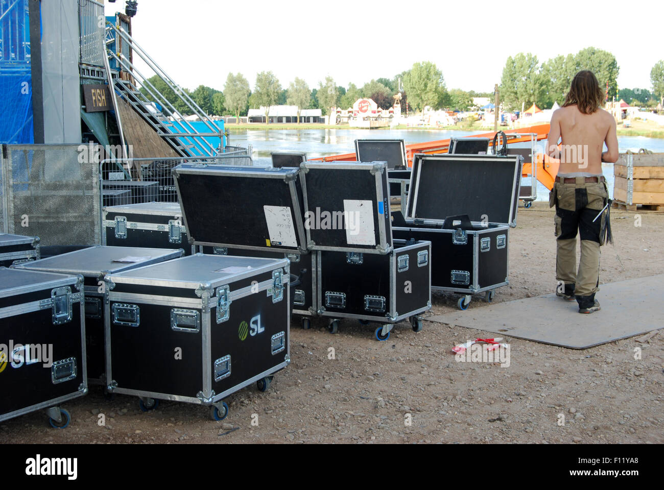 unloading stage equipment at Solar festival 2015, Roermond Netherlands ...
