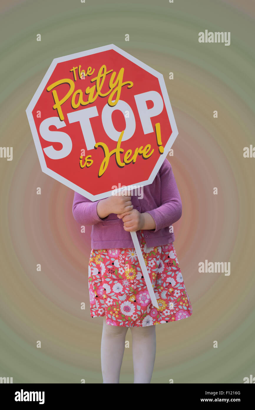 Little girl holding a stop sign inviting friends to her birthday party ...
