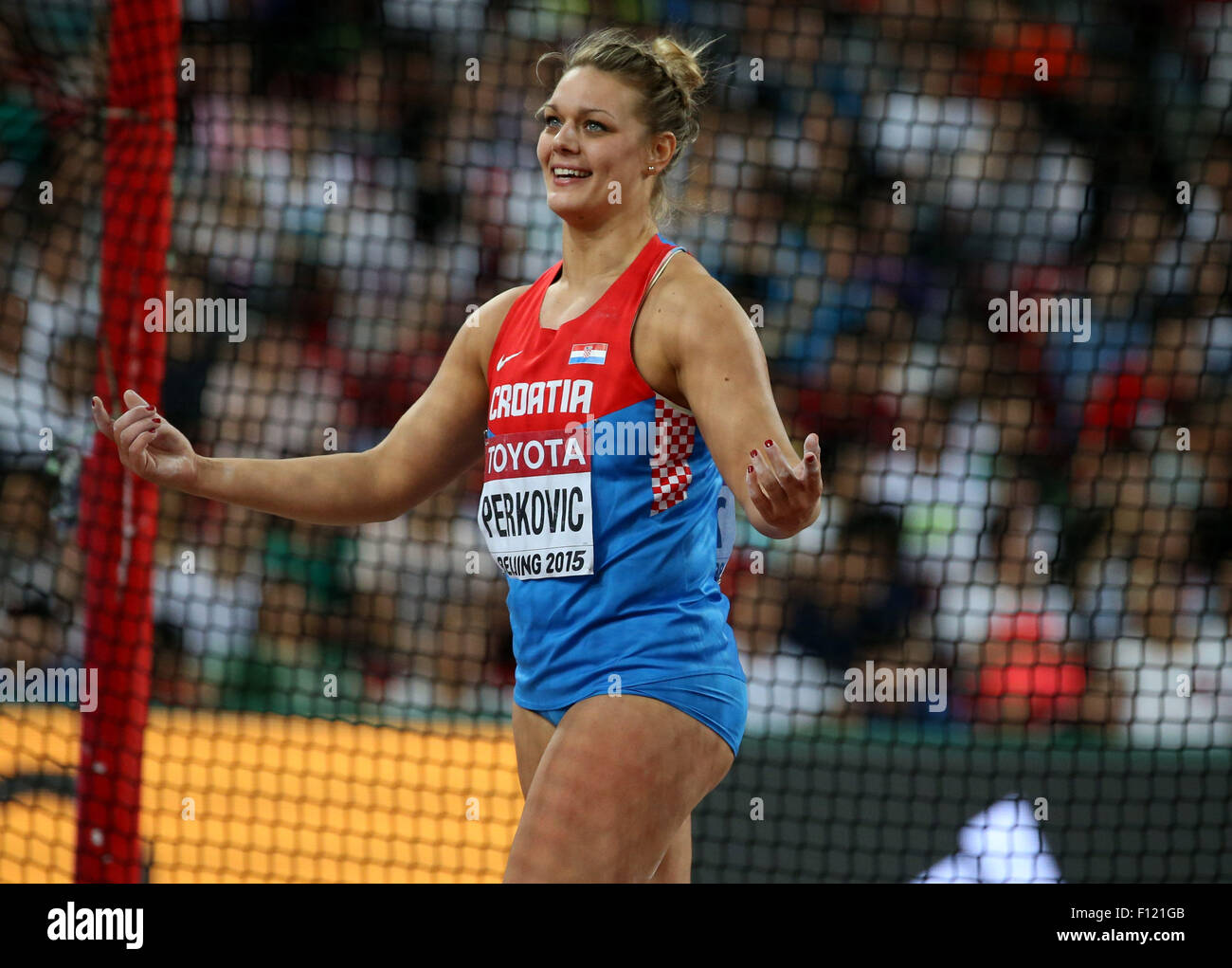 Beijing, China. 25th Aug, 2015. Sandra Perkovic of Croatia reacts ...