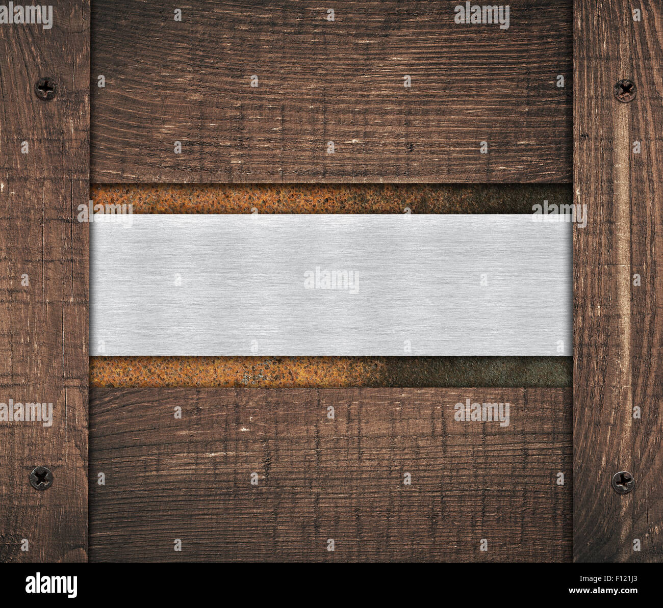 Composition of metal aluminum plaque, name plate and old wooden wall ...