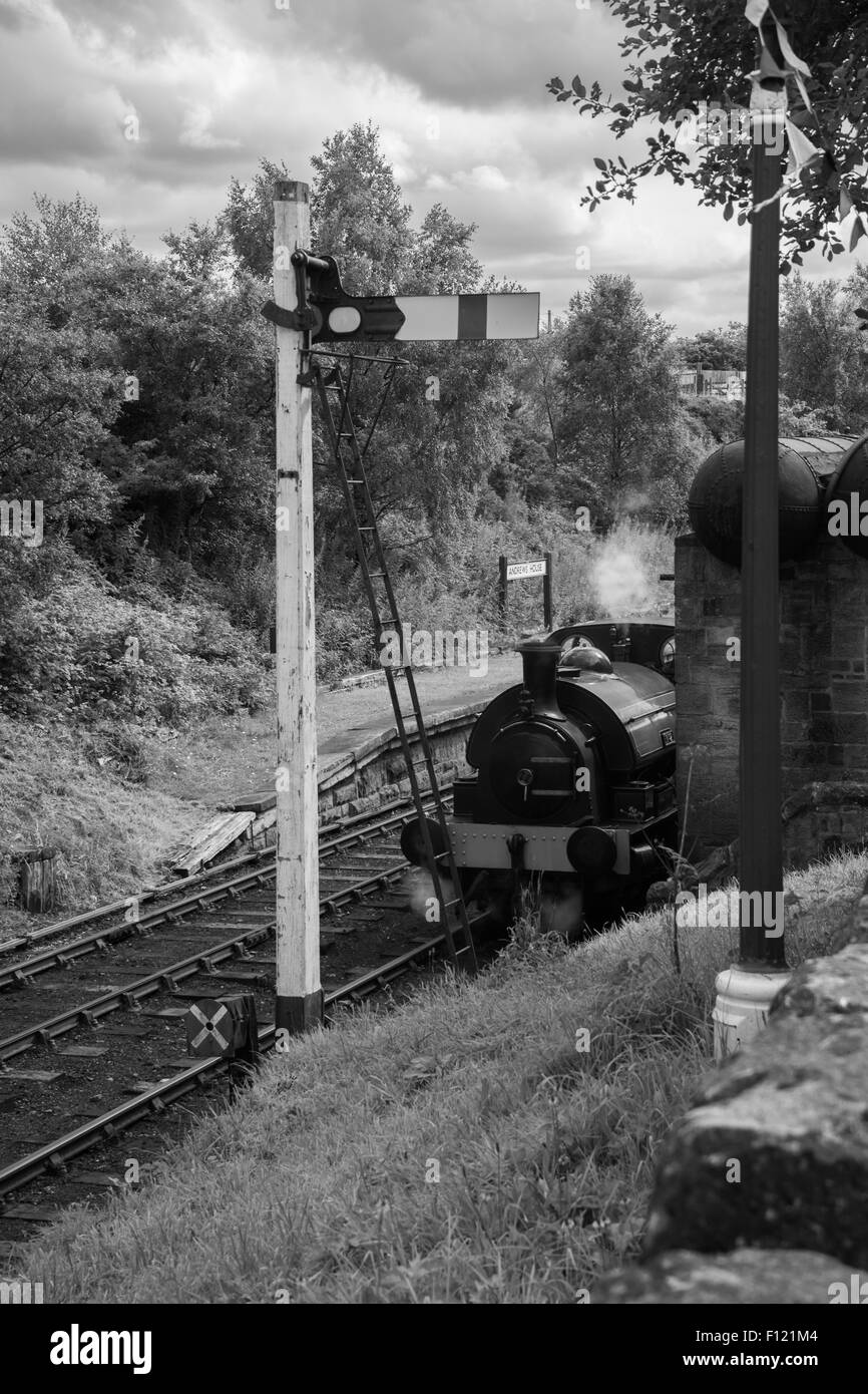 Steam train and railway signal at Tanfield Railway, the oldest railway ...