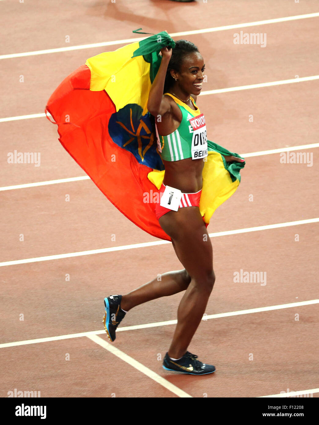 Beijing, China. 25th Aug, 2015. Ethiopia's Genzebe Dibaba celebrates ...