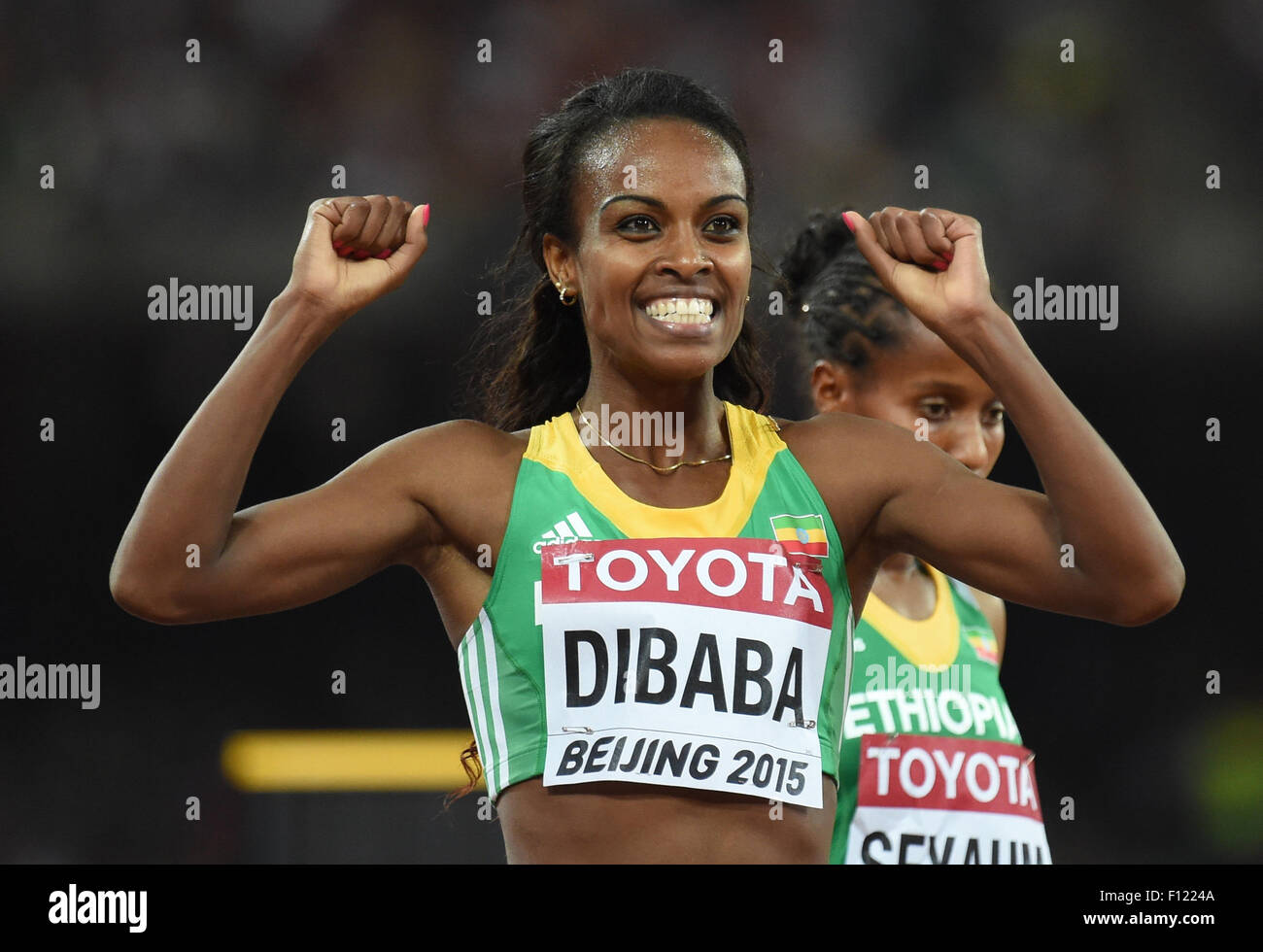 Beijing, China. 25th Aug, 2015. Ethiopia's Genzebe Dibaba celebrates ...