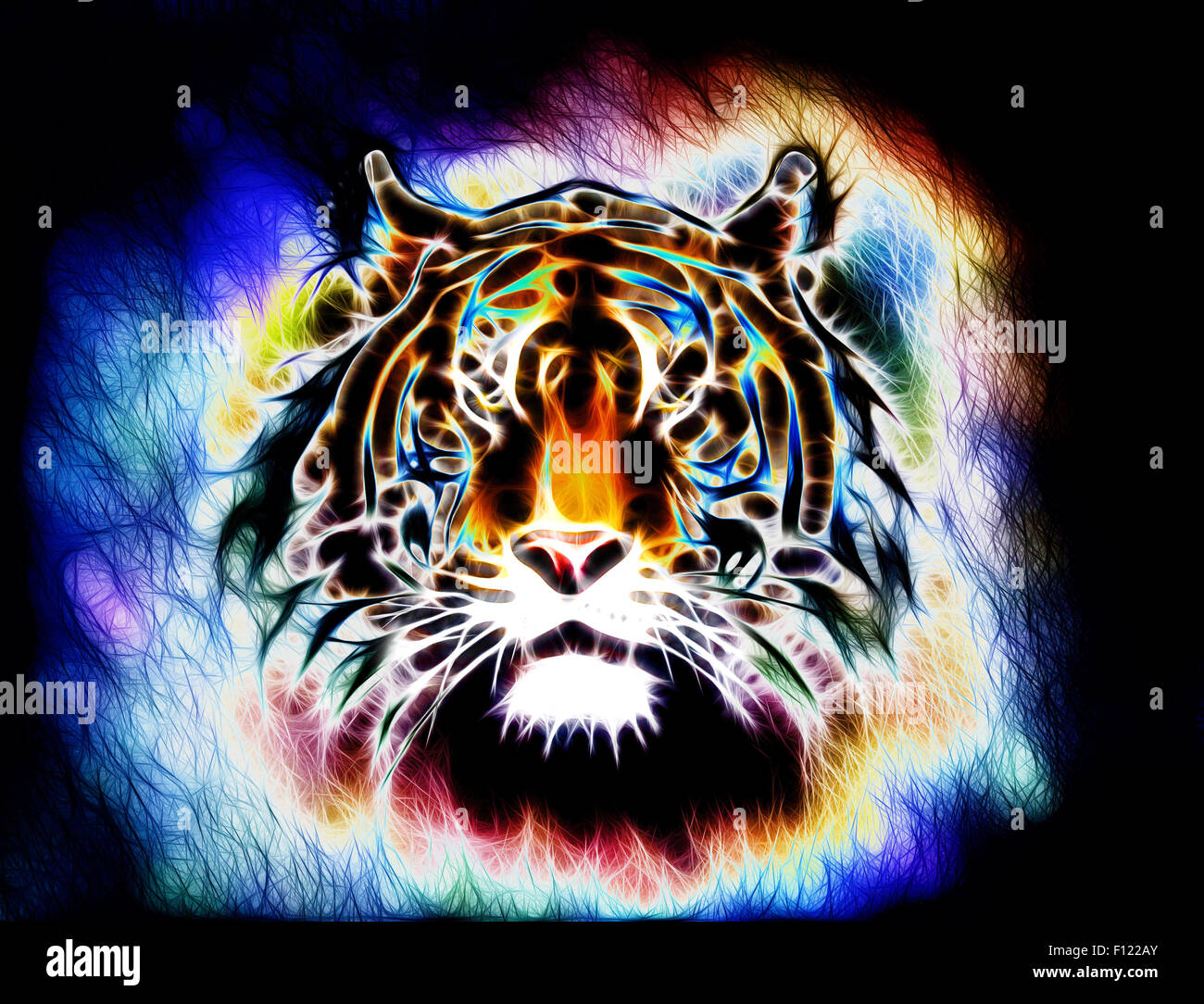 painting of a bright mighty tiger head on a soft toned abstract ...