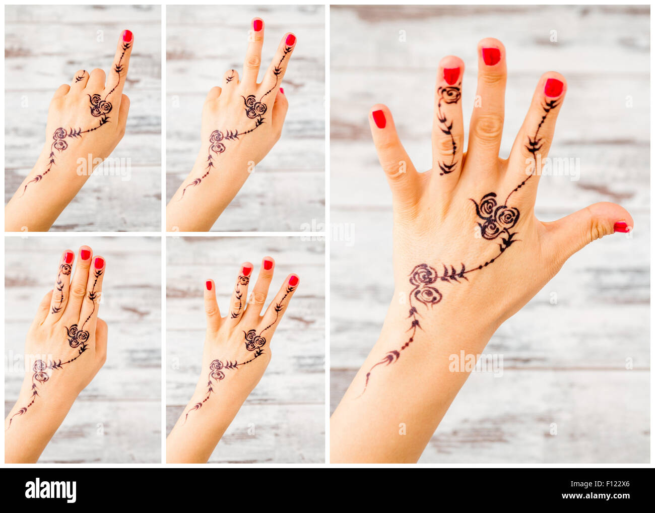 Collage from woman hands painted with black henna counting numbers from ...