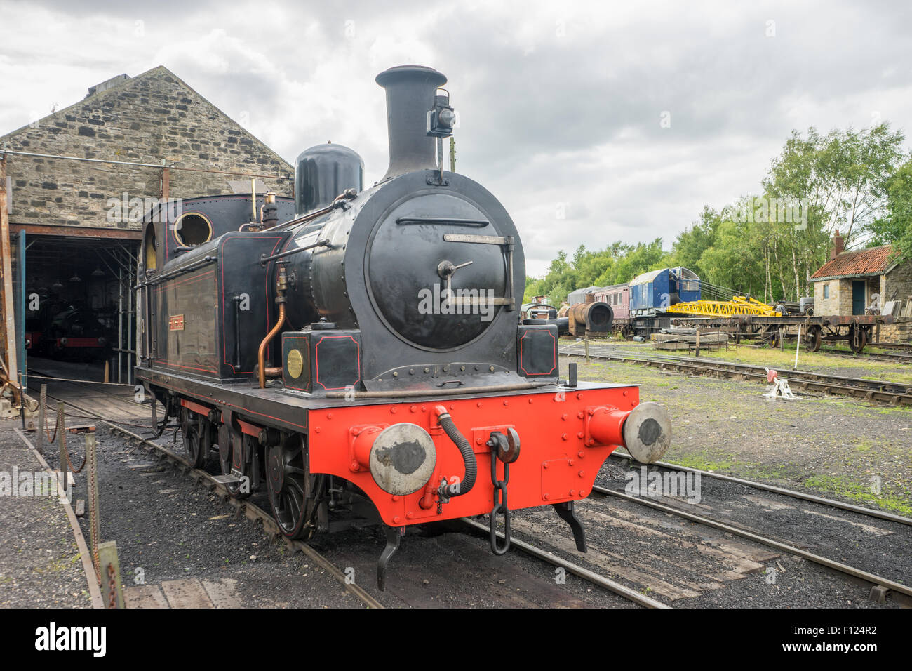 Steam train outside shed at Tanfield Railway, the oldest railway in the ...
