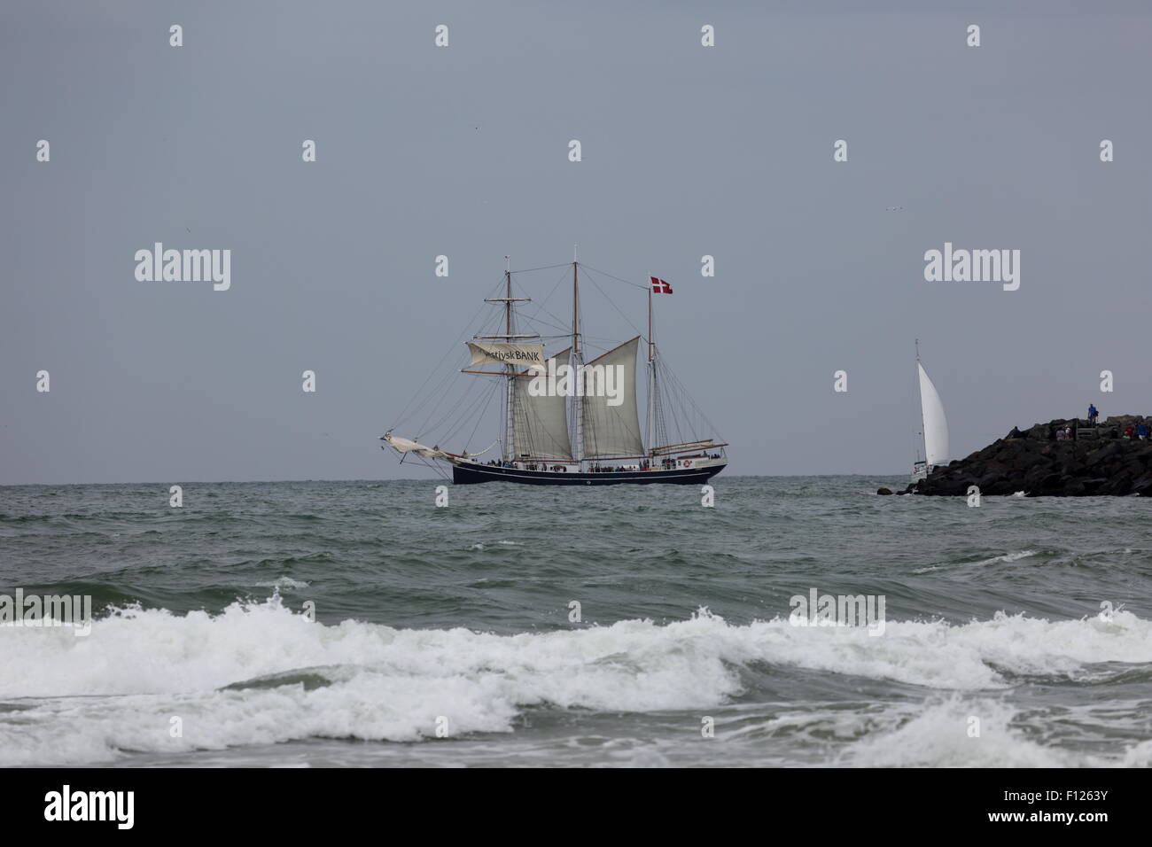 "Maja" schooner with topgallant sail outside the port of Hvide Sande ...