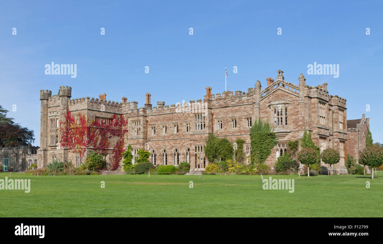 View from the gardens towards Hampton Court Castle, a castellated ...