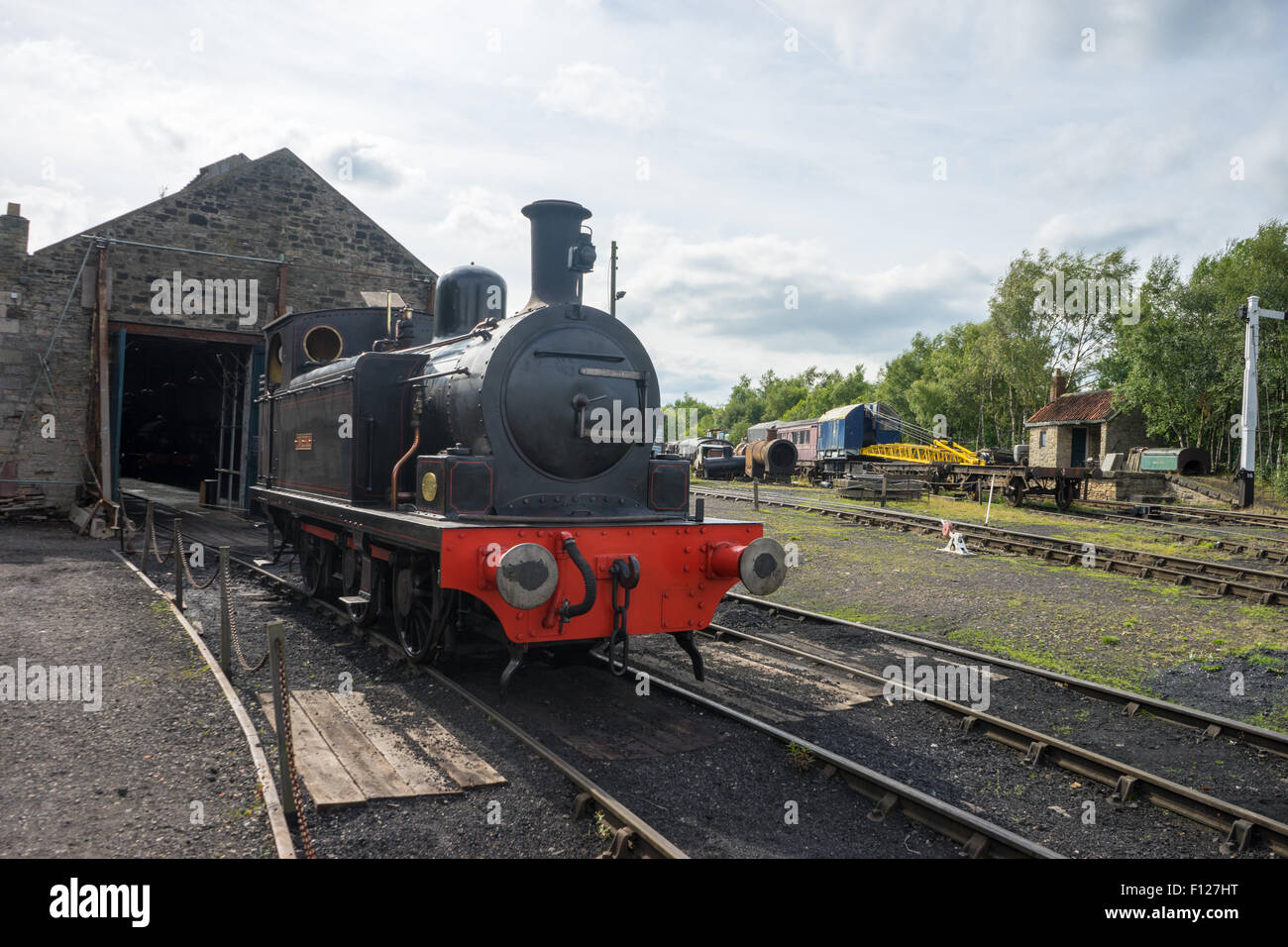 Steam train outside shed at Tanfield Railway, the oldest railway in the ...