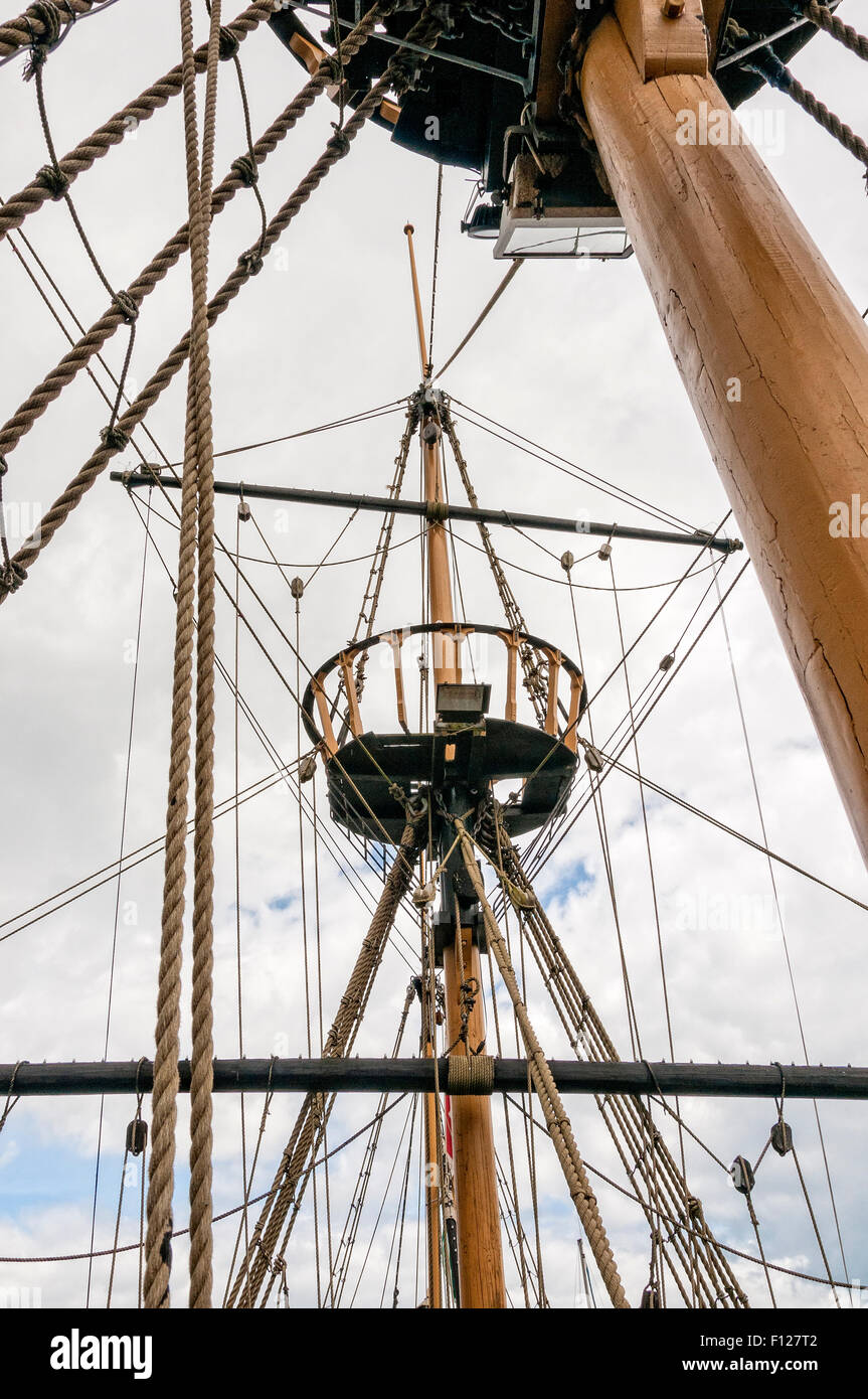 The masts spars and top rigging of a full size replica of the Golden ...