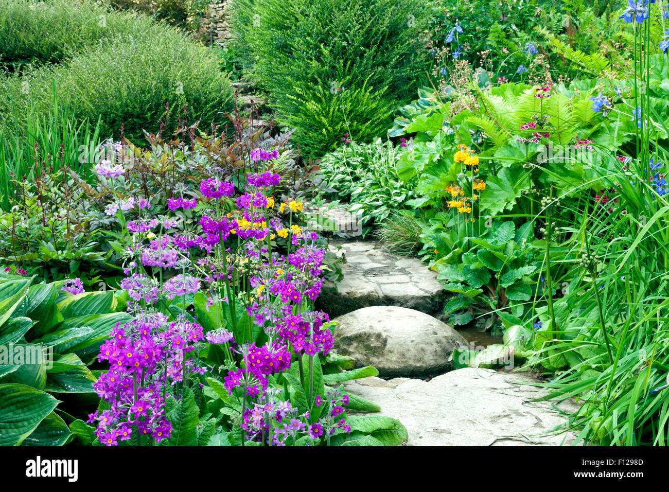 Stone steps going through charming English cottage garden stream full ...