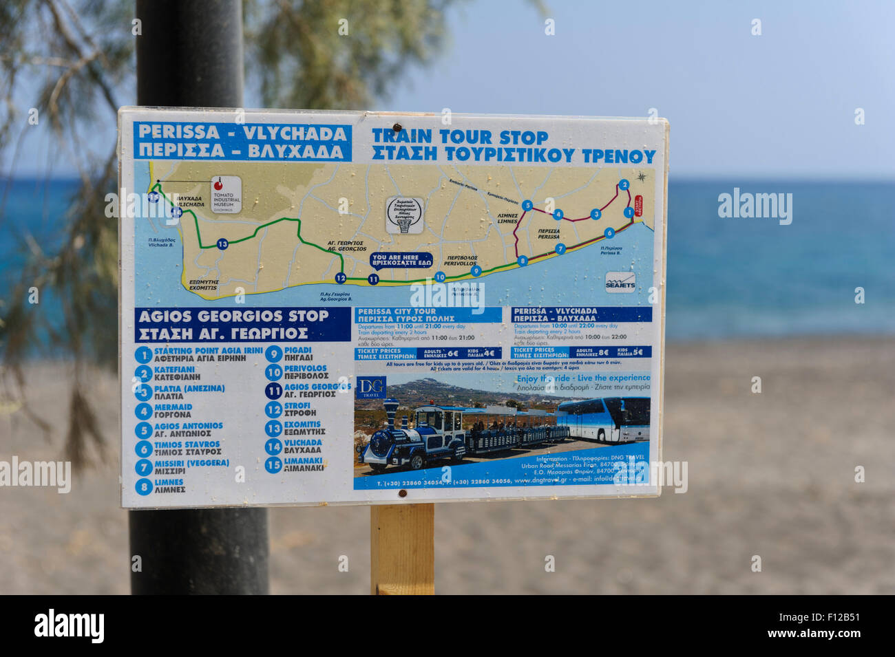 Attraction sites on a map on display on Perissa beach, Santorini ...