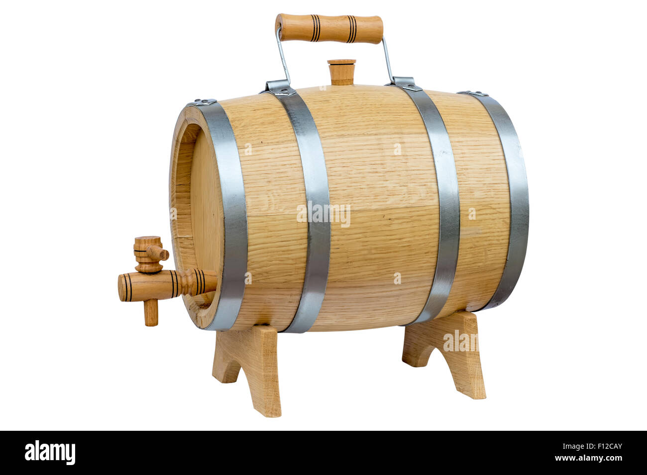 Wooden wine barrel with metal hoops and a handle on a stand. Isolated ...