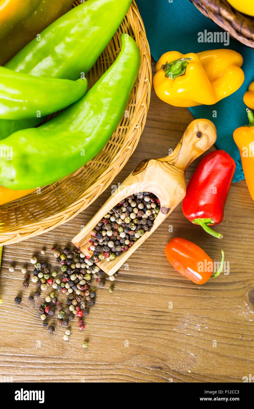 Variety of fresh organic peppers on the table Stock Photo - Alamy