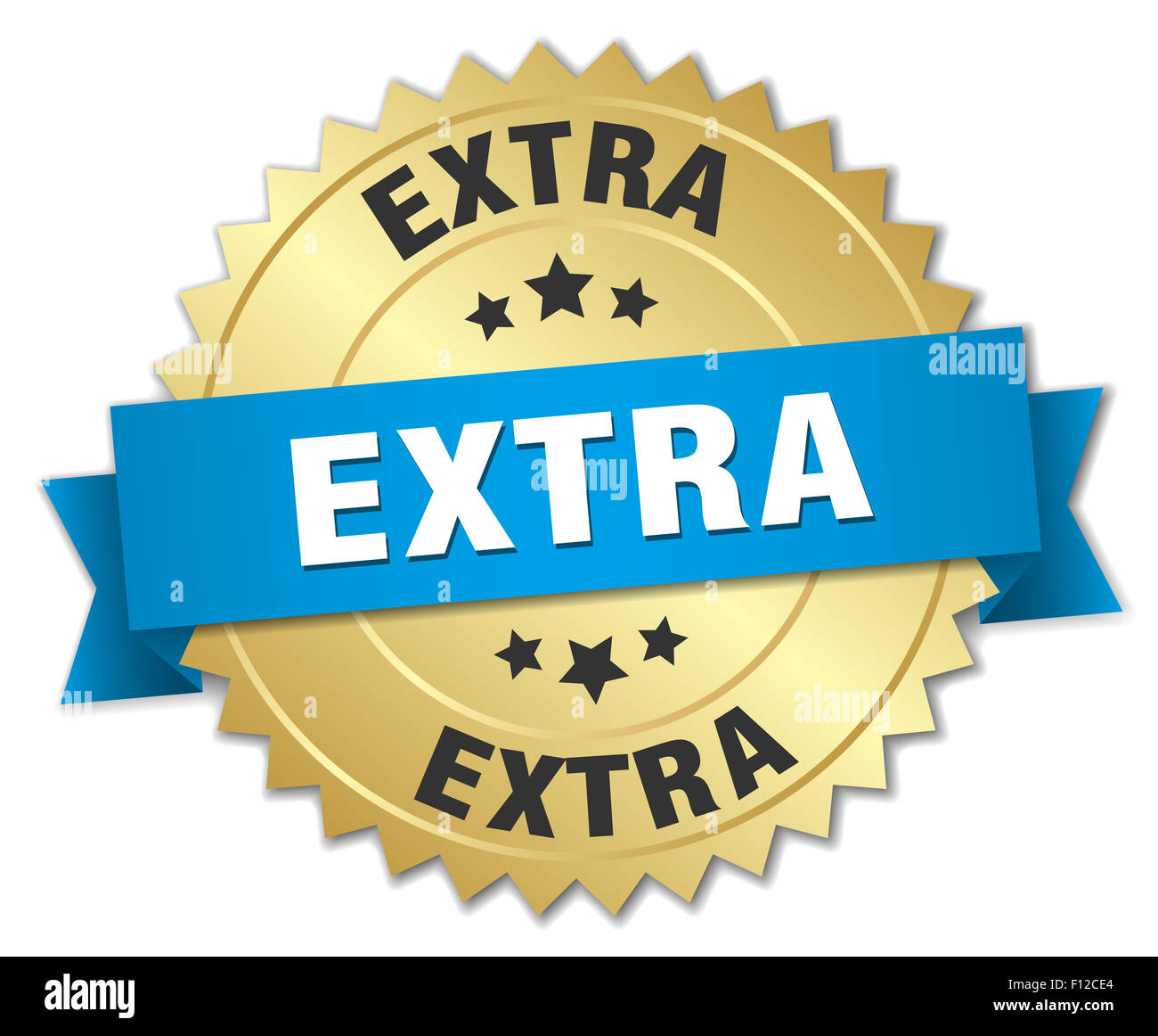 extra 3d gold badge with blue ribbon Stock Photo - Alamy