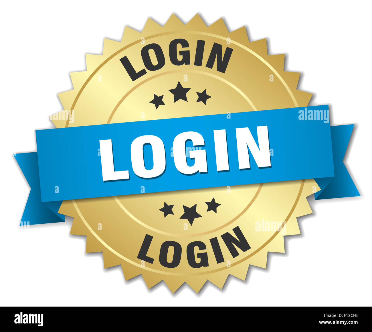 login 3d gold badge with blue ribbon Stock Photo - Alamy
