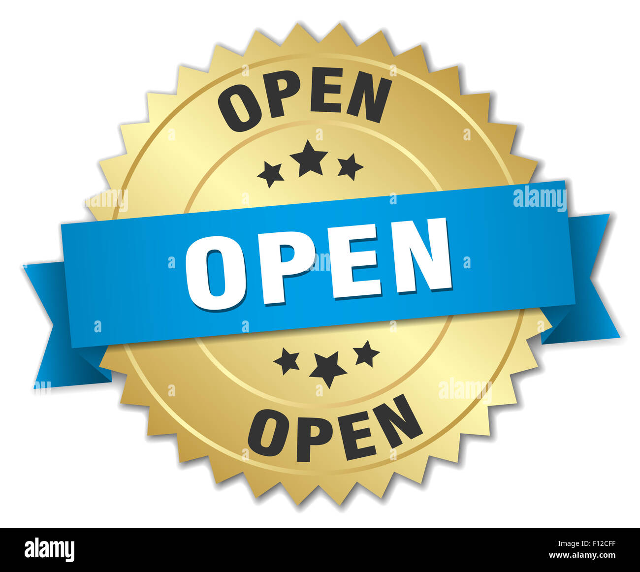 open 3d gold badge with blue ribbon Stock Photo - Alamy