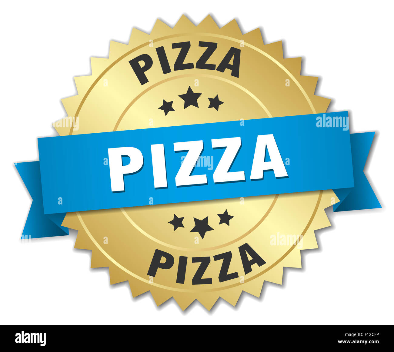 pizza 3d gold badge with blue ribbon Stock Photo - Alamy