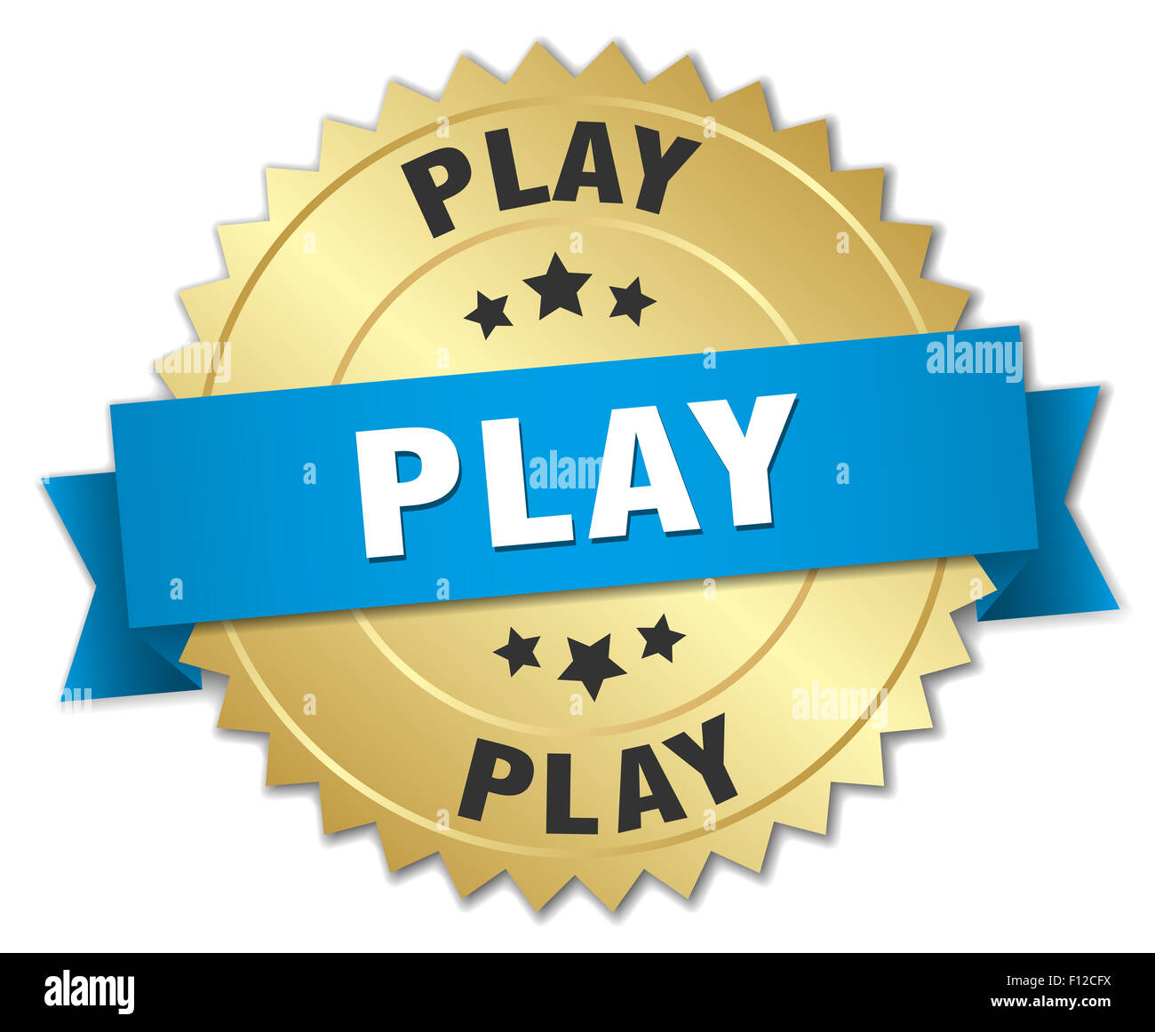 play 3d gold badge with blue ribbon Stock Photo - Alamy