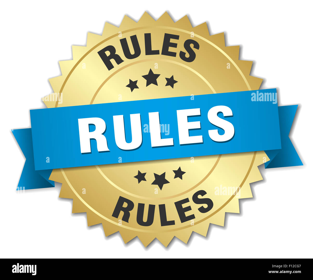 rules 3d gold badge with blue ribbon Stock Photo - Alamy
