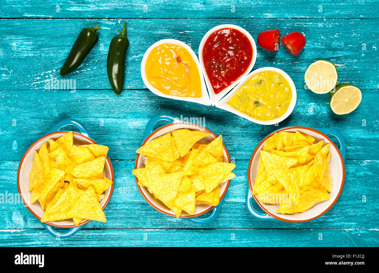 Plate of nachos with different dips Stock Photo - Alamy