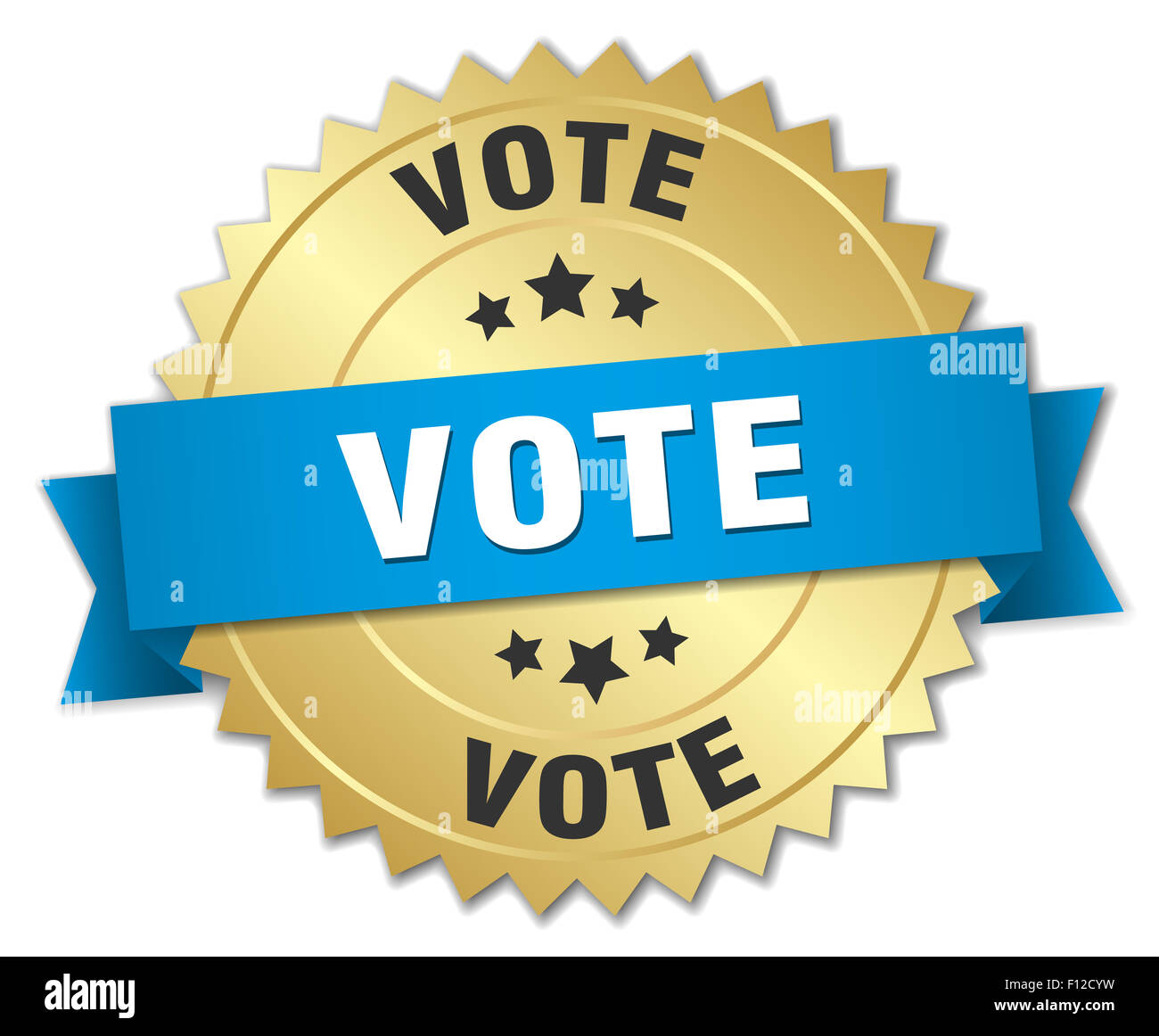 vote 3d gold badge with blue ribbon Stock Photo - Alamy