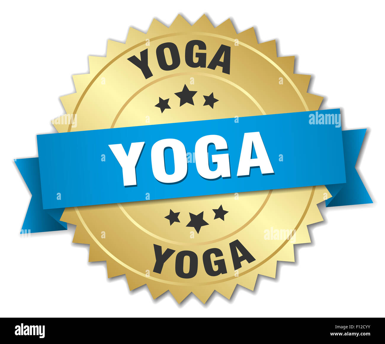 yoga 3d gold badge with blue ribbon Stock Photo - Alamy
