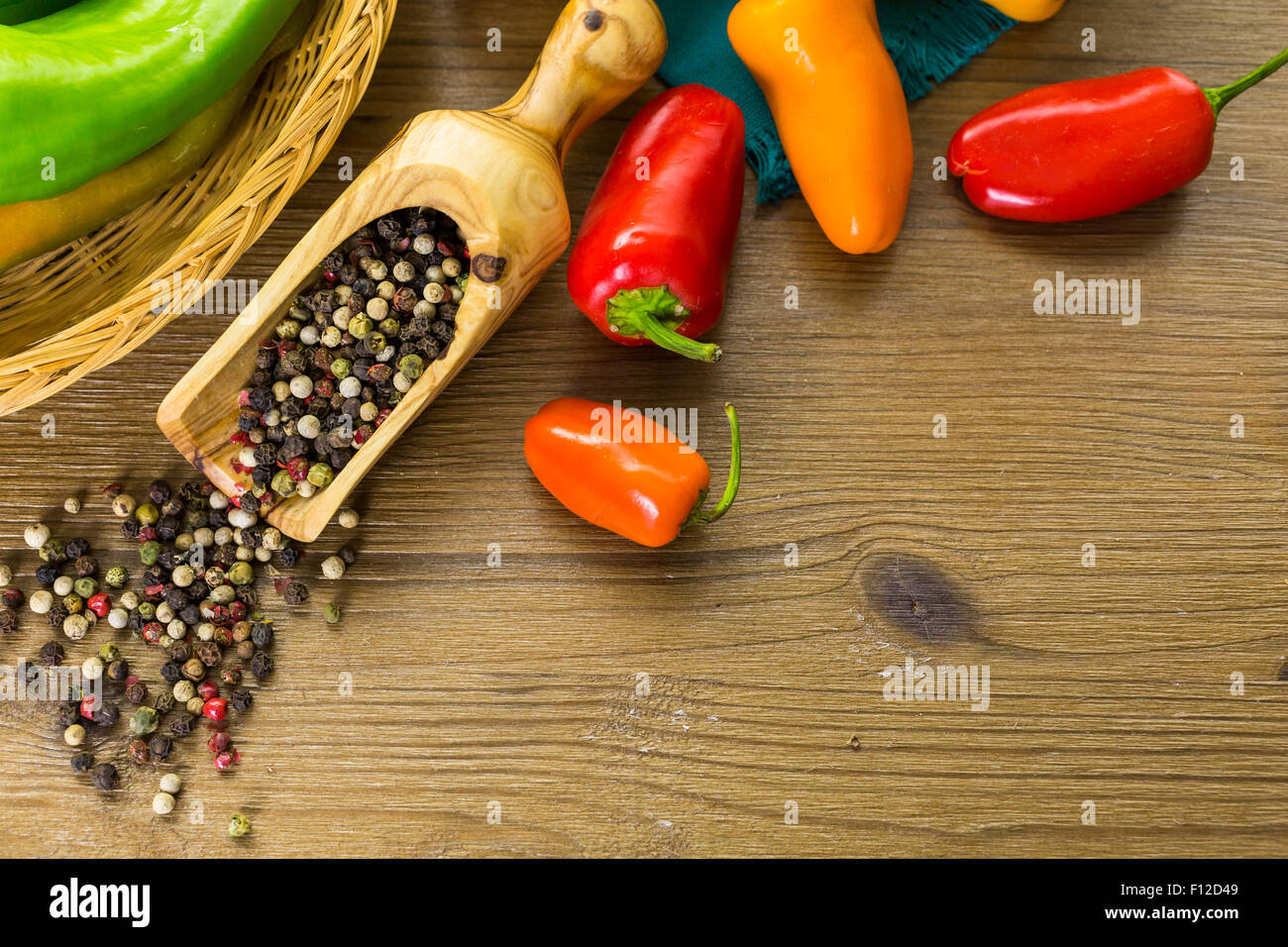 Variety of fresh organic peppers on the table Stock Photo - Alamy