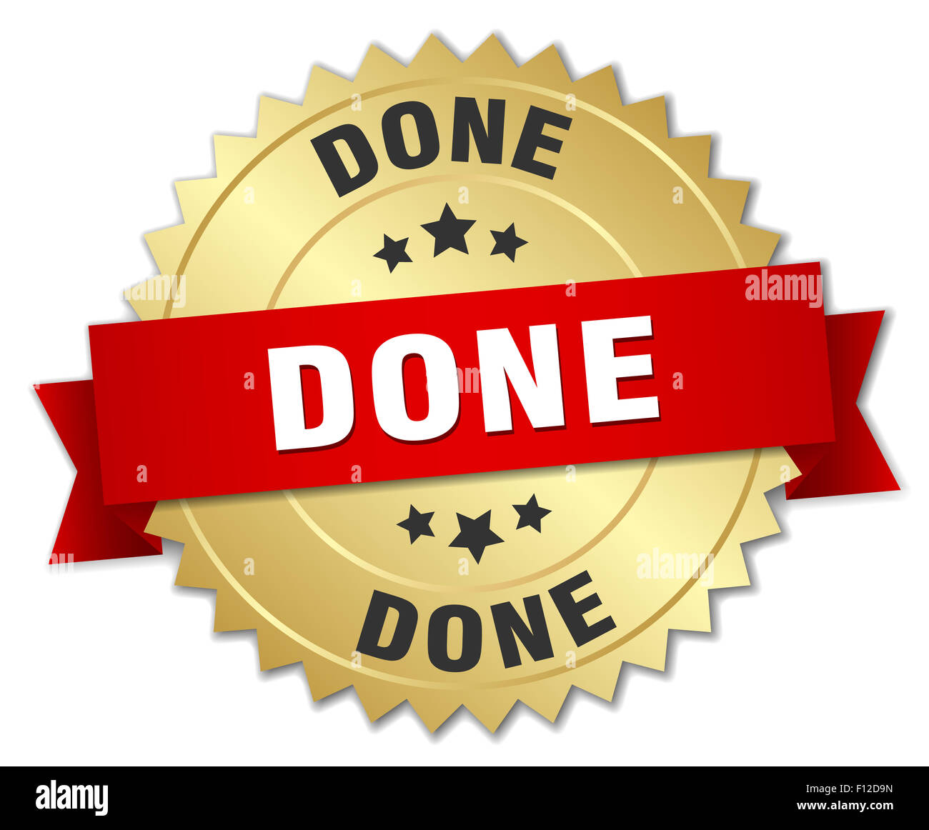 done 3d gold badge with red ribbon Stock Photo - Alamy