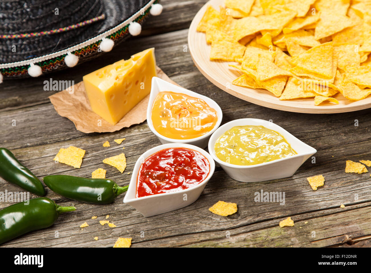 Plate of nachos with different dips Stock Photo - Alamy