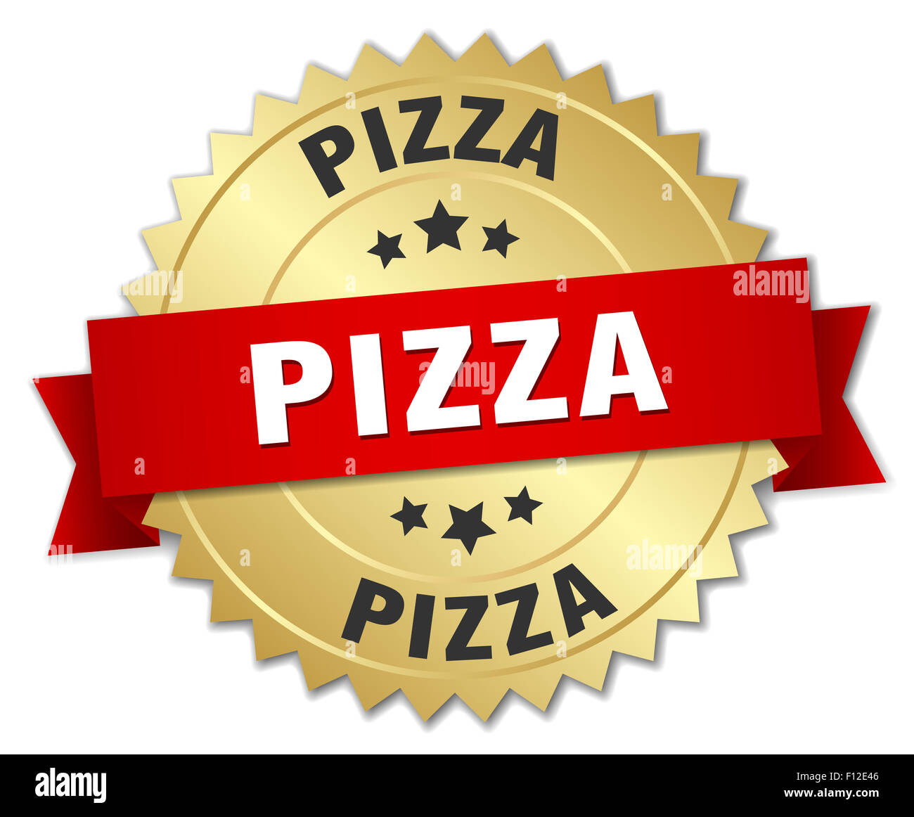 pizza 3d gold badge with red ribbon Stock Photo - Alamy