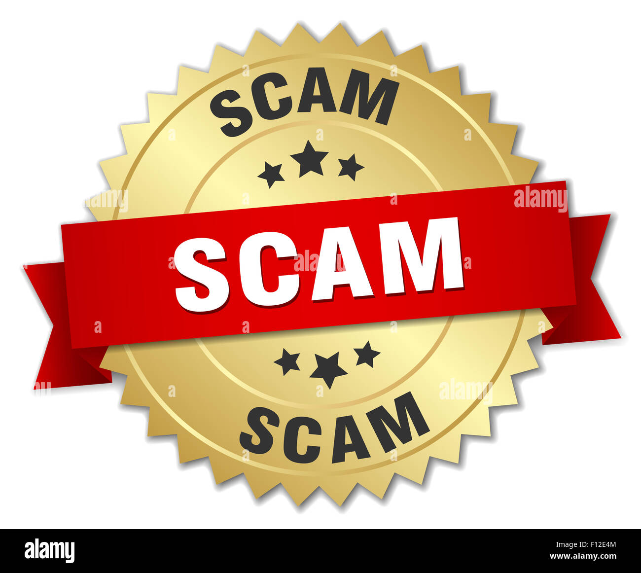 scam 3d gold badge with red ribbon Stock Photo - Alamy