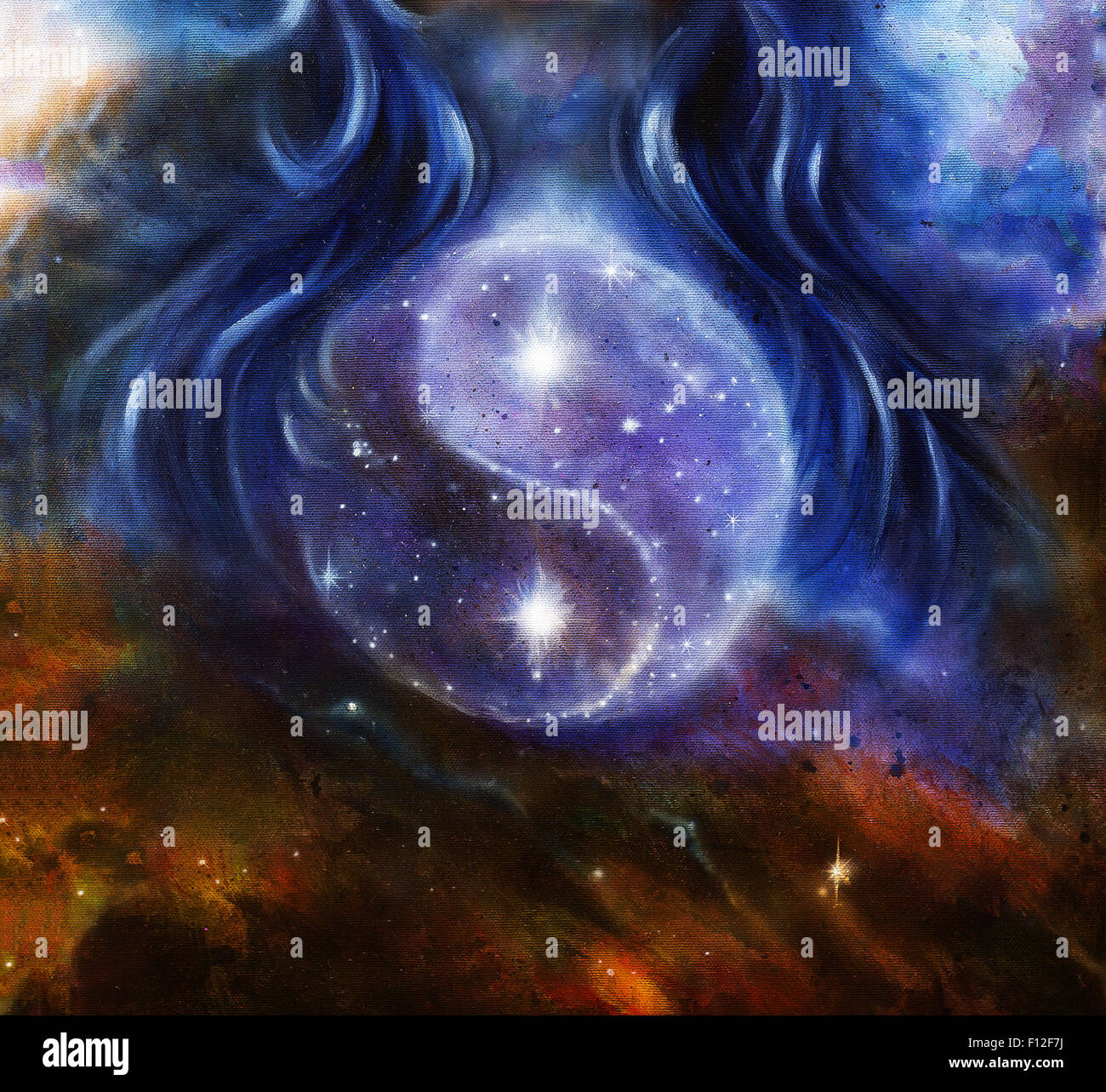 Yin Yang Symbol in space with stars, about woman hair, original ...