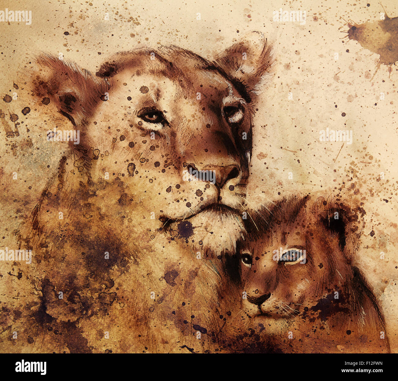 lion mother and lion cub, painting on paper. with spots abstract ...