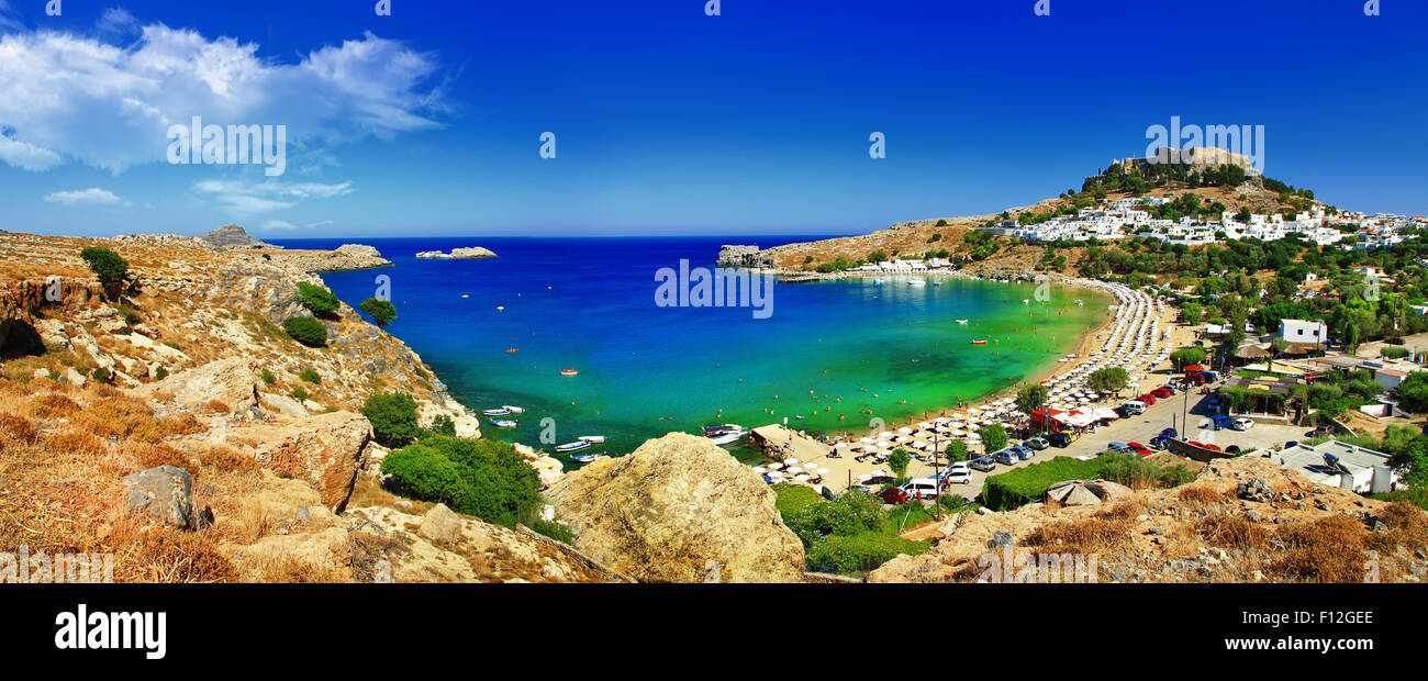 crystal turquoise beaches of Rhodes island. Lindos bay. Greece Stock ...