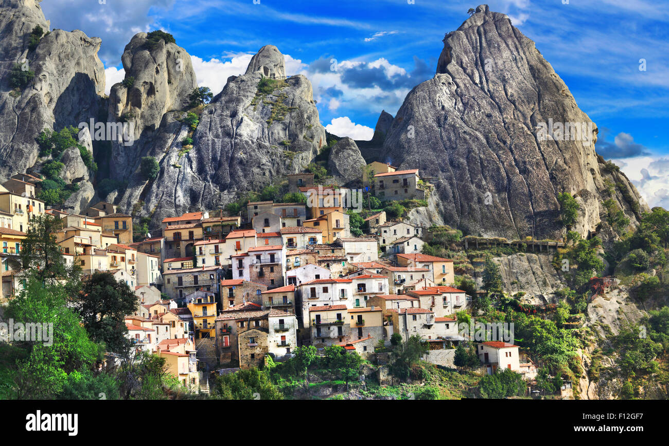 impressive village in rocky mountains Castelmezzano. Basilicata region ...