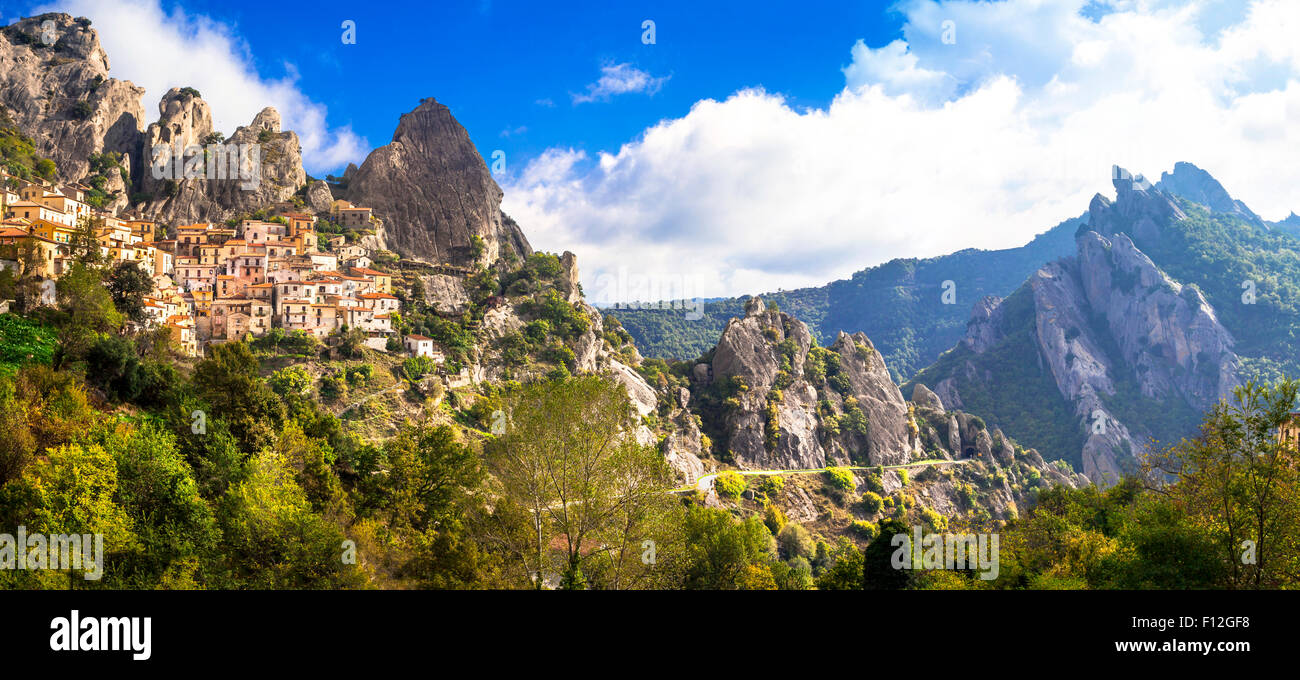 impressive village in rocky mountains Castelmezzano. Basilicata region ...