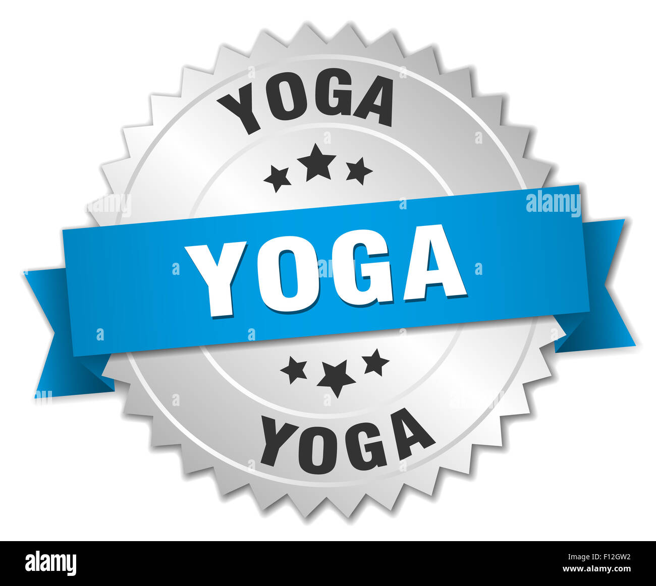 yoga 3d silver badge with blue ribbon Stock Photo - Alamy
