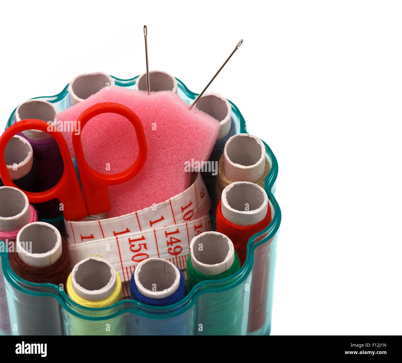 tools for needlework thread scissors and tape measure isolated on white ...