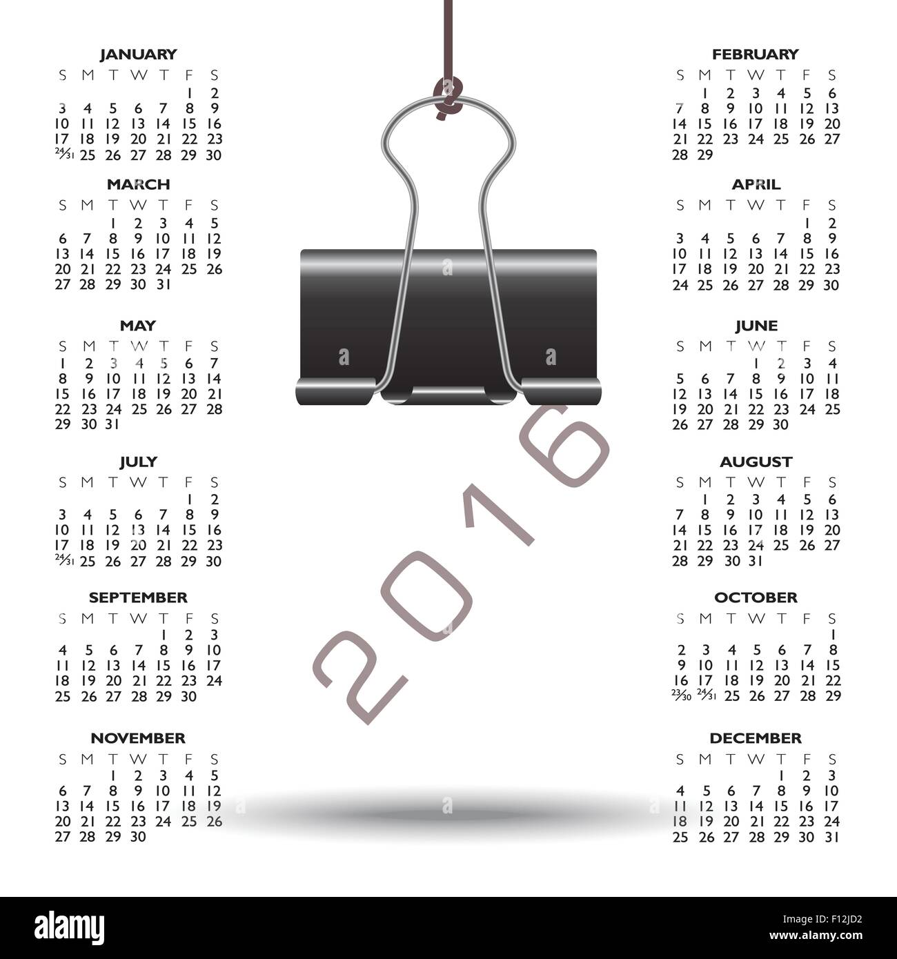 Whimsical binder clip 2016 calendar with the year hanging from the clip ...