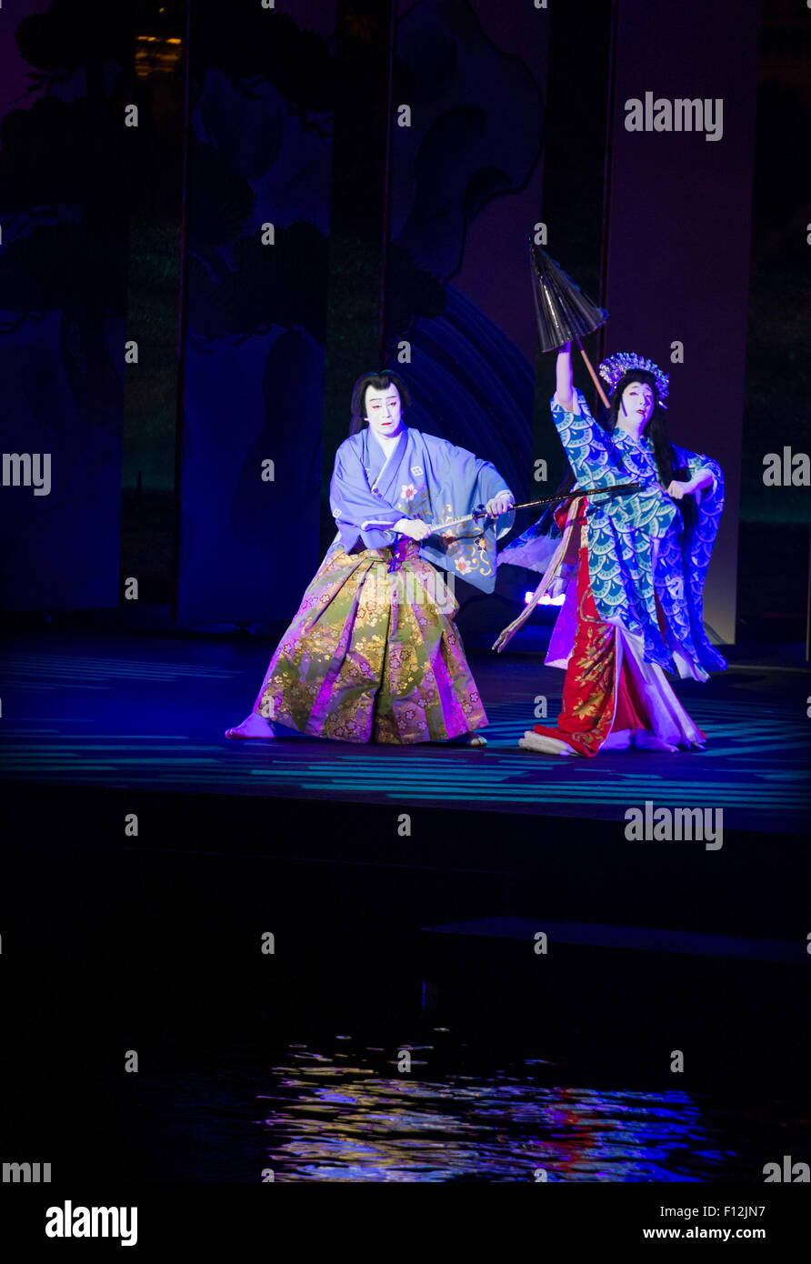 Traditional Japanese Kabuki performance in front of the Bellagio hotel ...