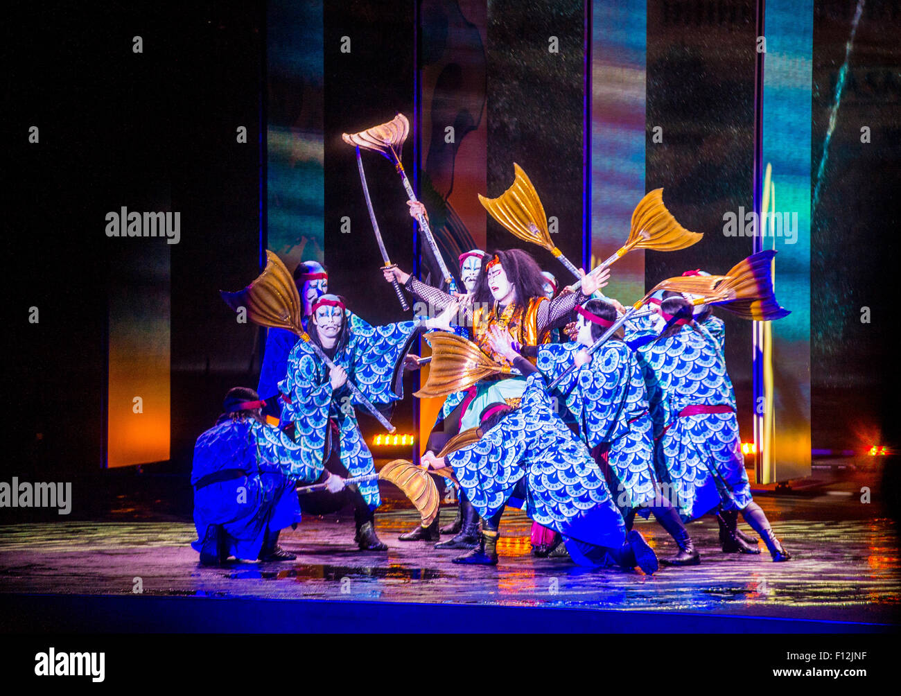 Traditional Japanese Kabuki performance in front of the Bellagio hotel ...