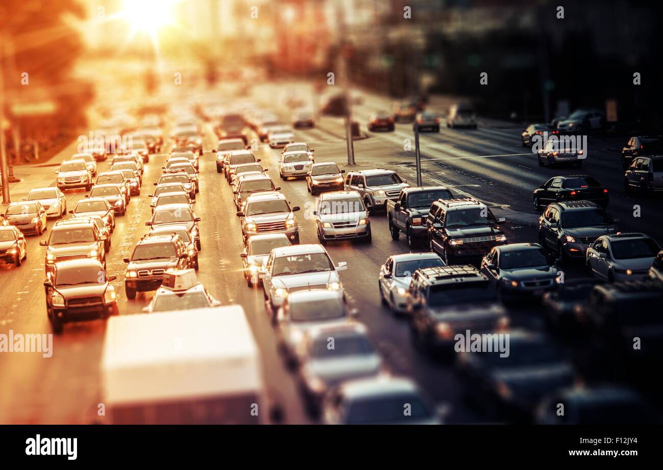 Highway Traffic at Sunset. Tilt Shift Concept Photo. Traffic in Las ...